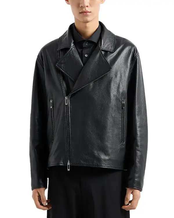 Emporio Armani Asymmetrical Leather Biker Jacket - Black Beauty